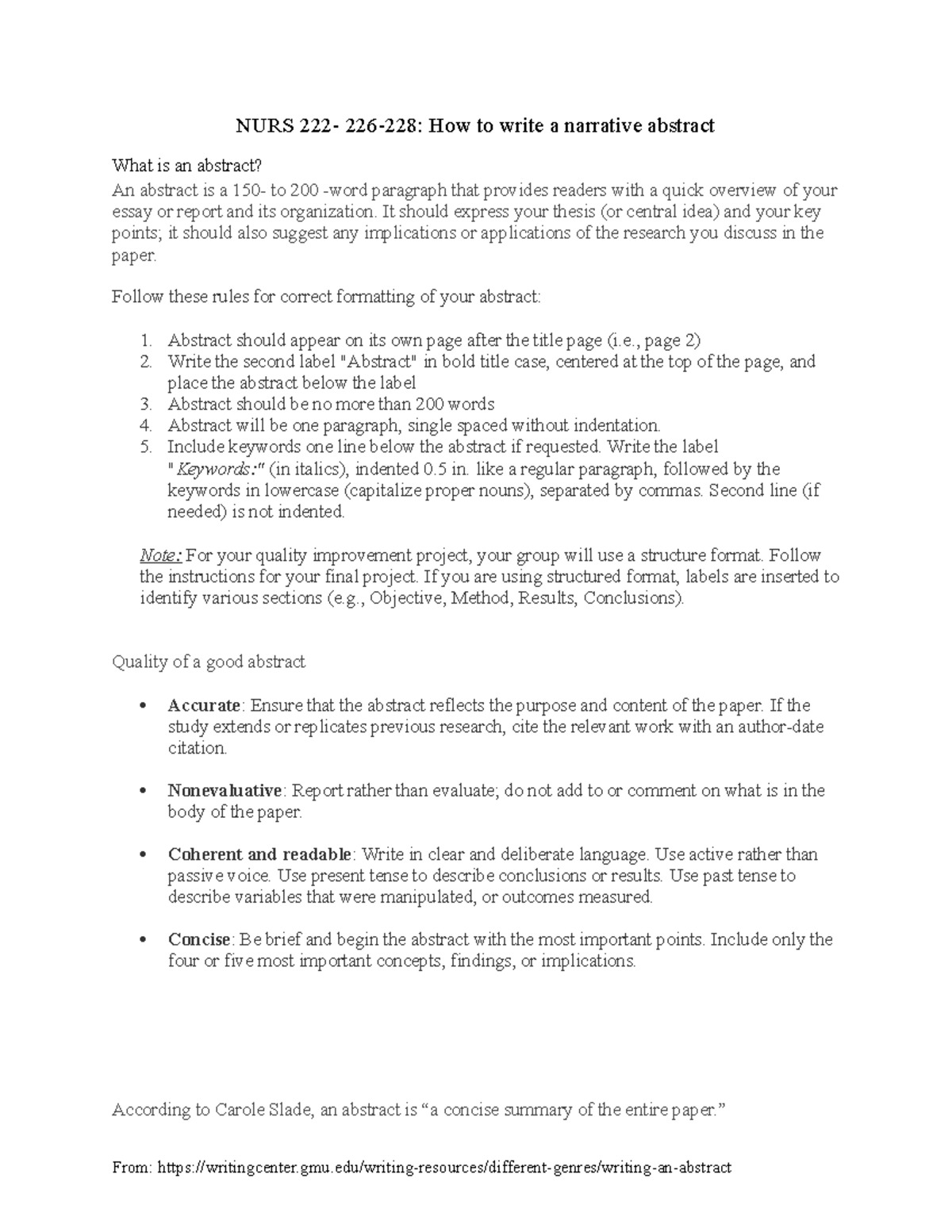 NURS 222-226-228: Guide to Writing a Narrative Abstract - Studocu