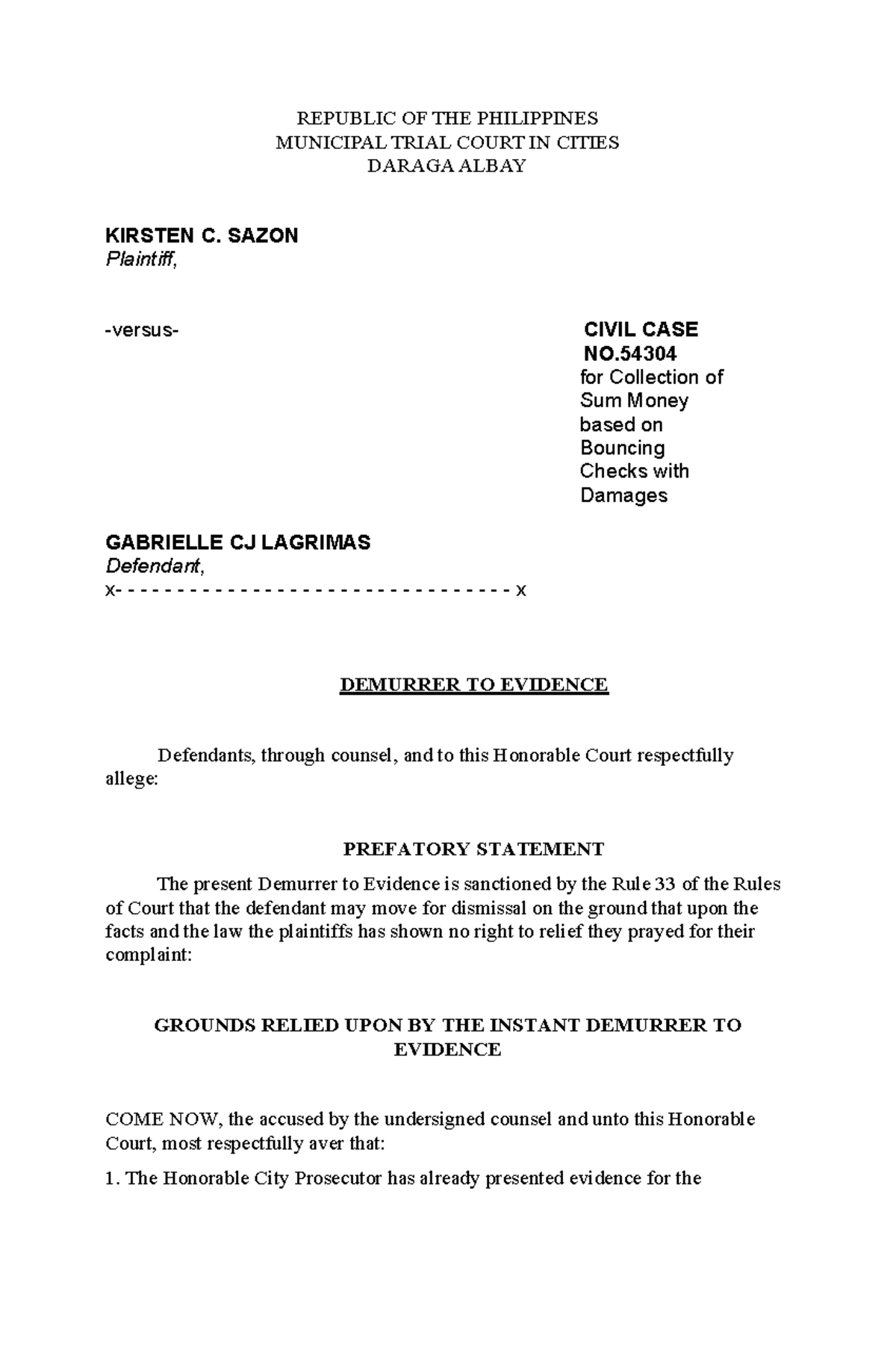 Demurrer to Evidence (CIVIL CASE) - Legal Argument Example - Studocu