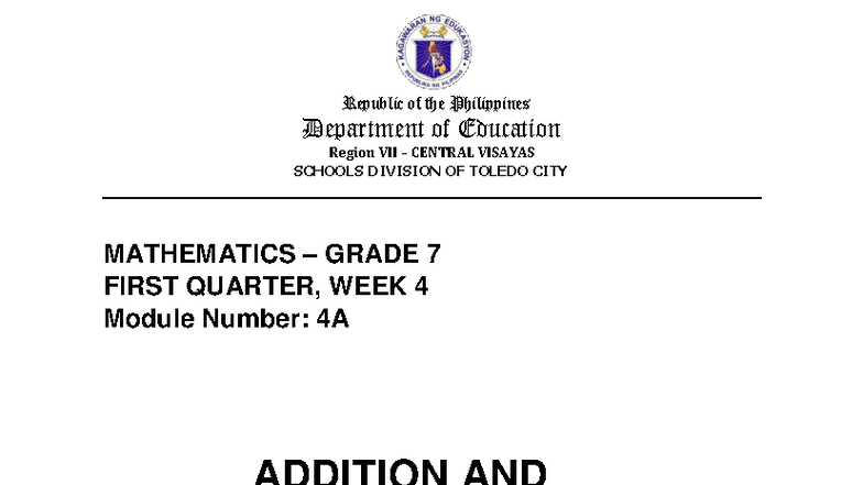 Math 7 Q1 W4 M4: Addition and Subtraction of Integers Module - Studocu