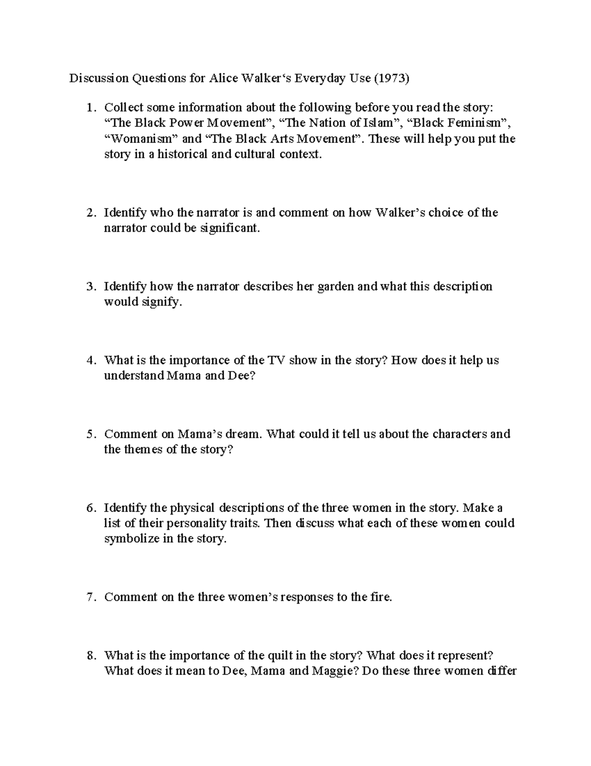 Discussion Questions for Alice Walker - Collect some information about ...