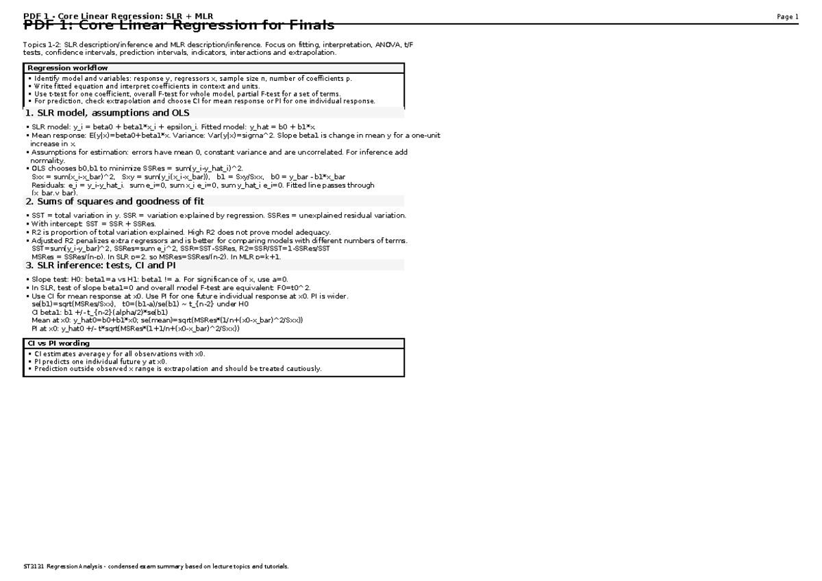 ST3131 Final Exam Summary: Core Linear Regression (SLR & MLR) - Studocu