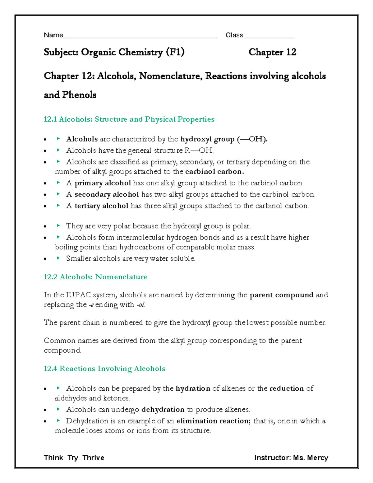 Organic Chemistry (F1) Chapter 12: Alcohols and Phenols Overview - Studocu
