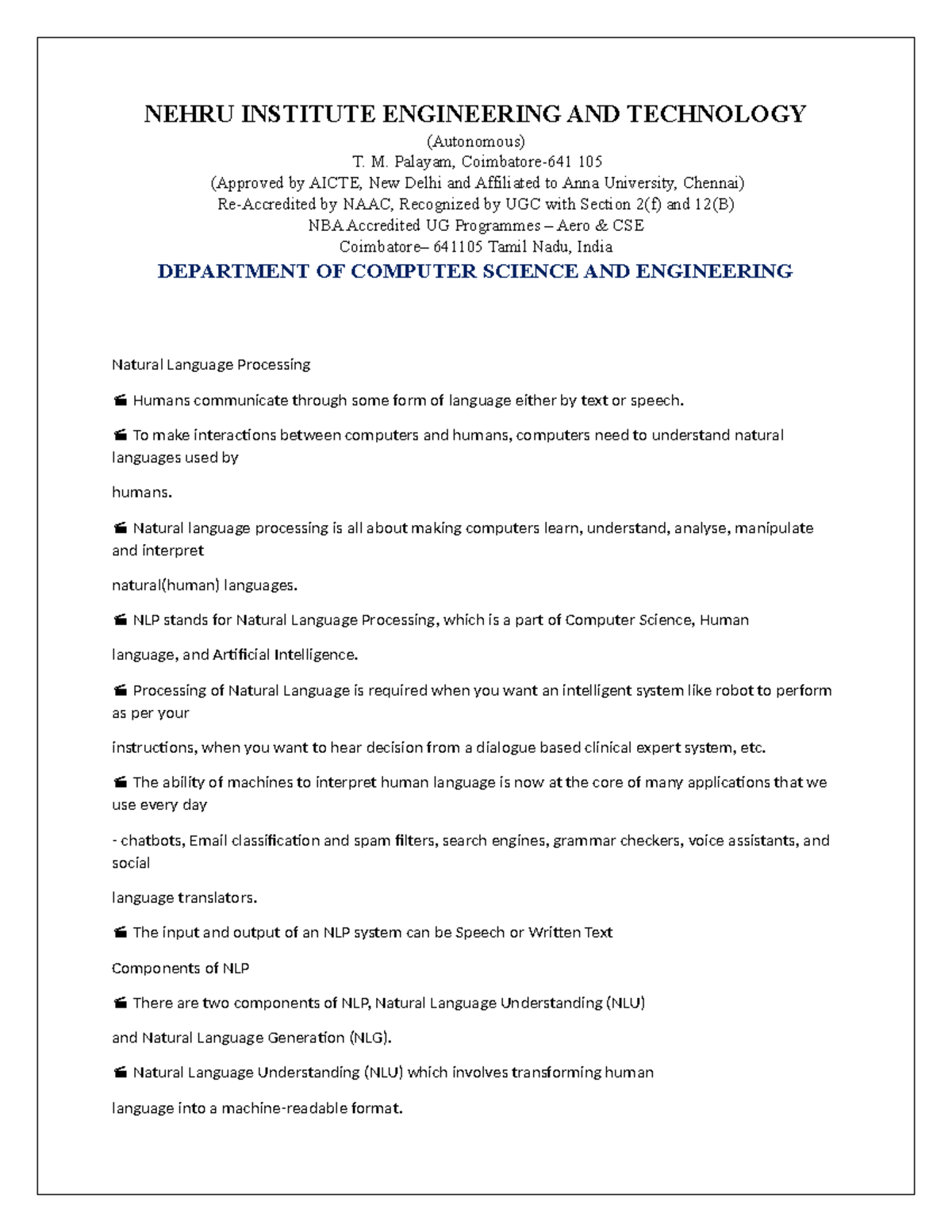 NLP Course Notes - 2017 Regulation: Understanding Natural Language ...