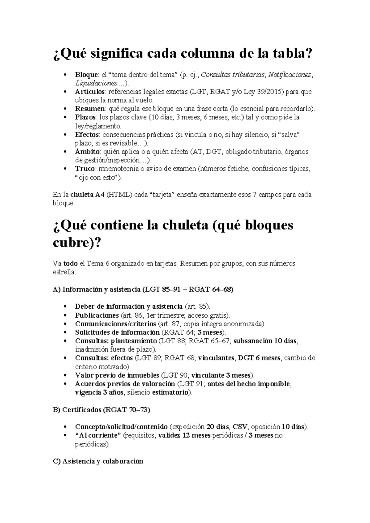 Explicación de la Tabla Chuleta TEMA 6 M: Resumen y Plazos Clave - Studocu