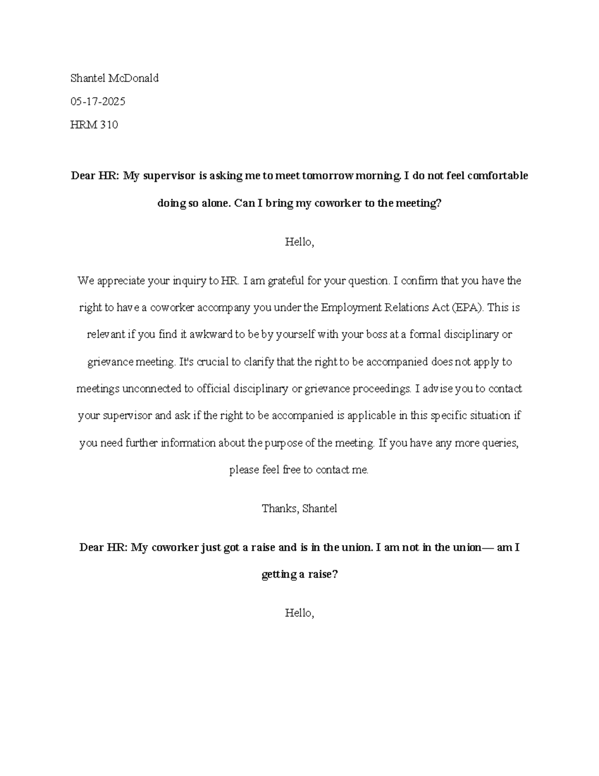 HRM 310 Chapter 2 Mod 1: HR Inquiries and Responses - Studocu