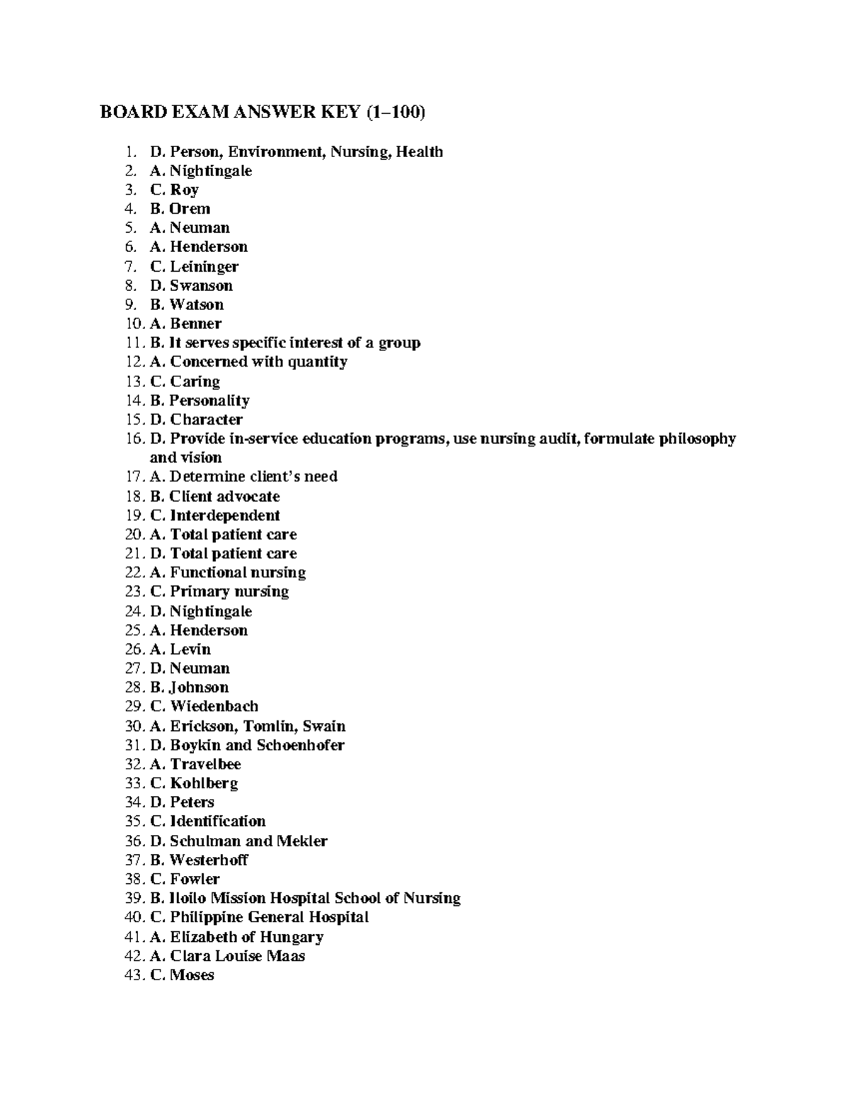 BOARD EXAM ANSWER KEY - Nursing Practice Questions - Studocu