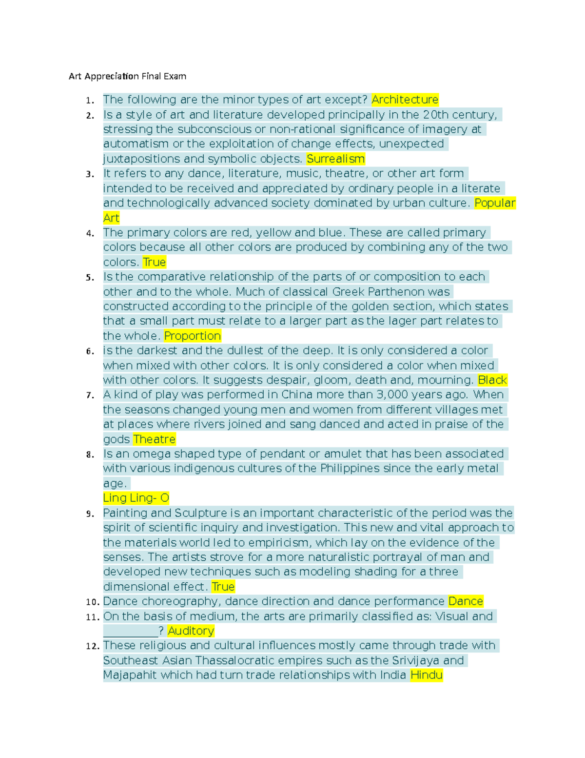 Art Appreciation (ART101) Final Exam Study Guide Questions - Studocu