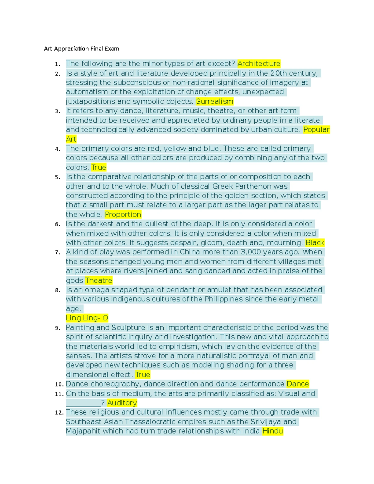 ART Appreciation Final QUIZ 2 - ART APPRECIATION FINAL QUIZ 2 CREATED ...