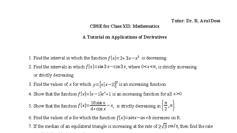 Mathematics XII: A Tutorial on Applications of Derivatives - Studocu