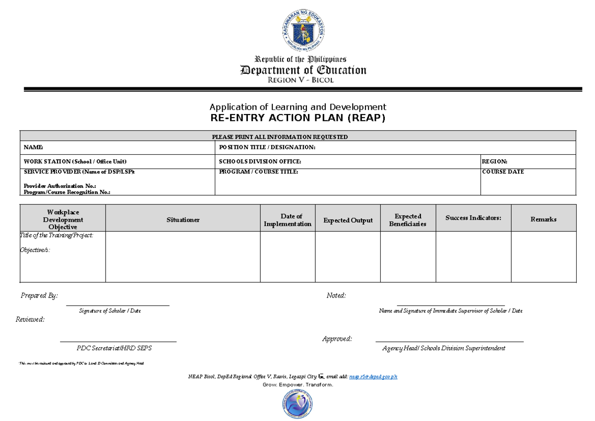 REAP Action Plan for Learning & Development (DepEd Guidelines) - Studocu