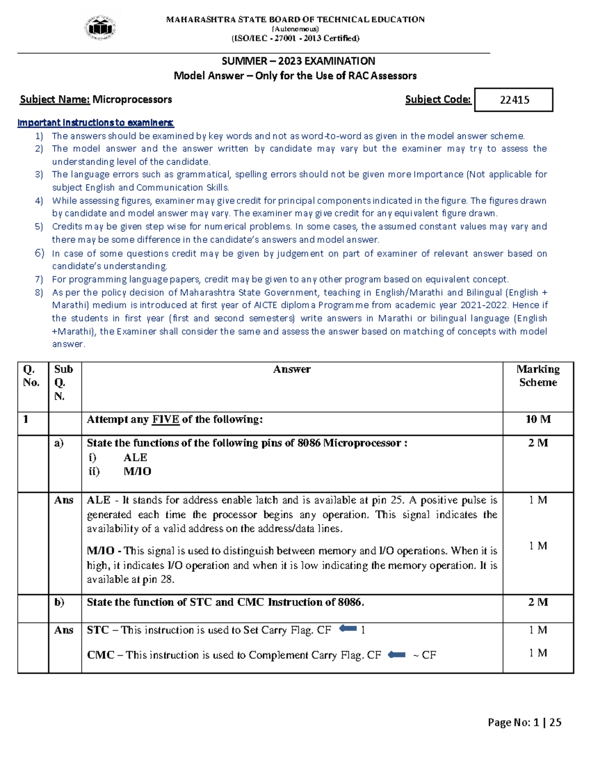 MIC SUM23 - Microprocessors Summer 2023 Model Answers and Paper - Studocu