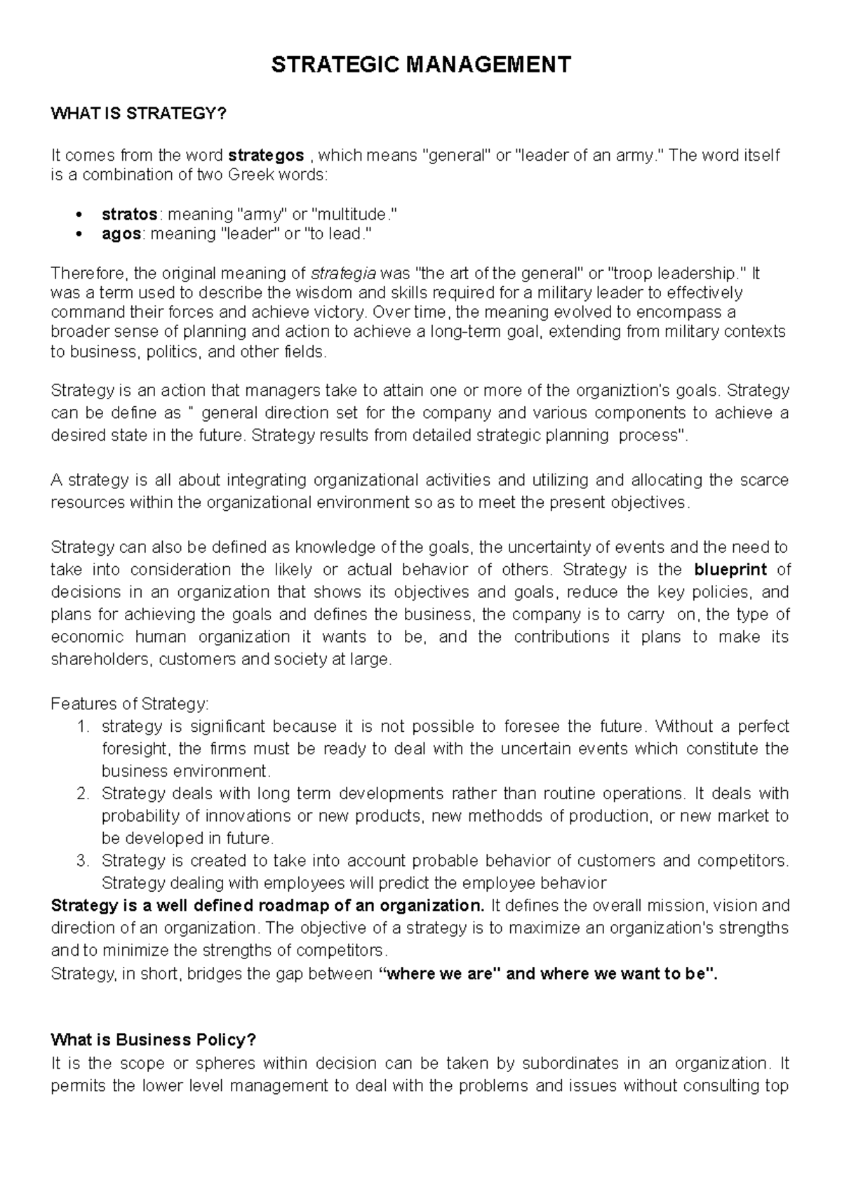STRATEGIC MANAGEMENT CHAPTER 1: UNDERSTANDING STRATEGY AND POLICY - Studocu
