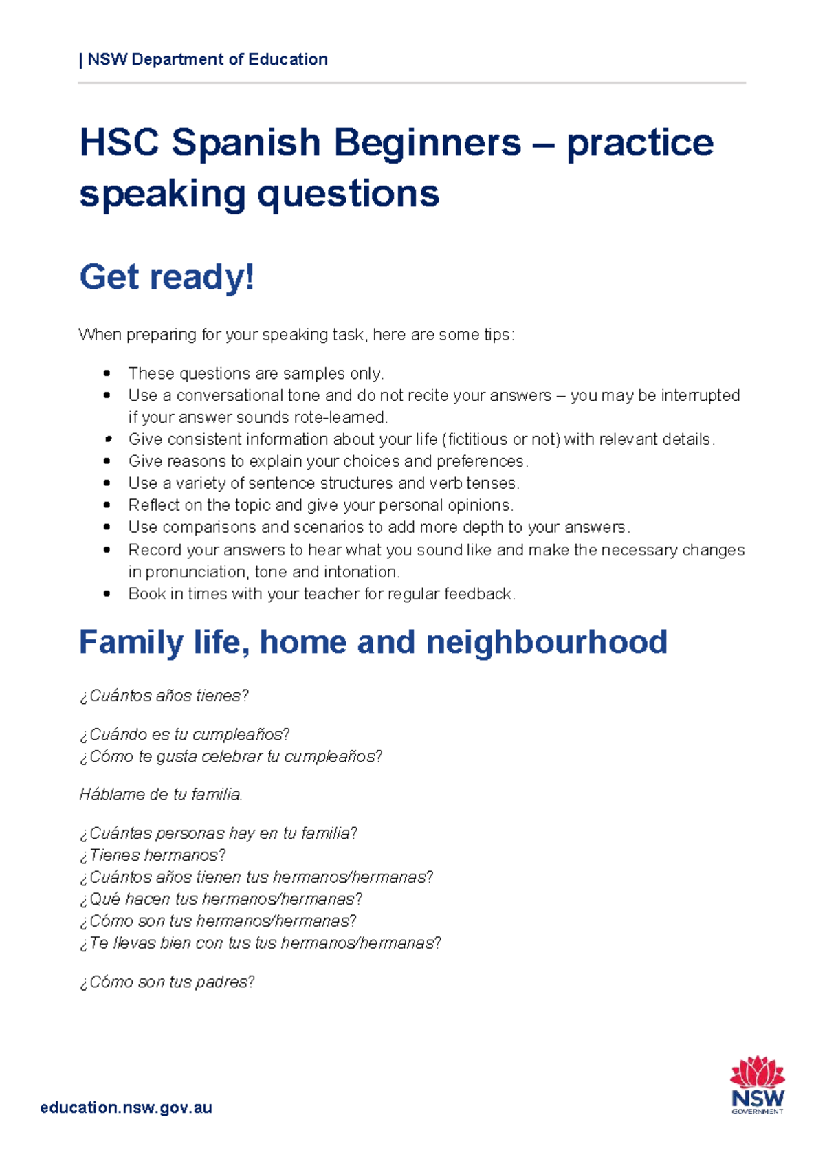 NSW HSC Spanish Beginners Speaking Practice Questions Guide - Studocu