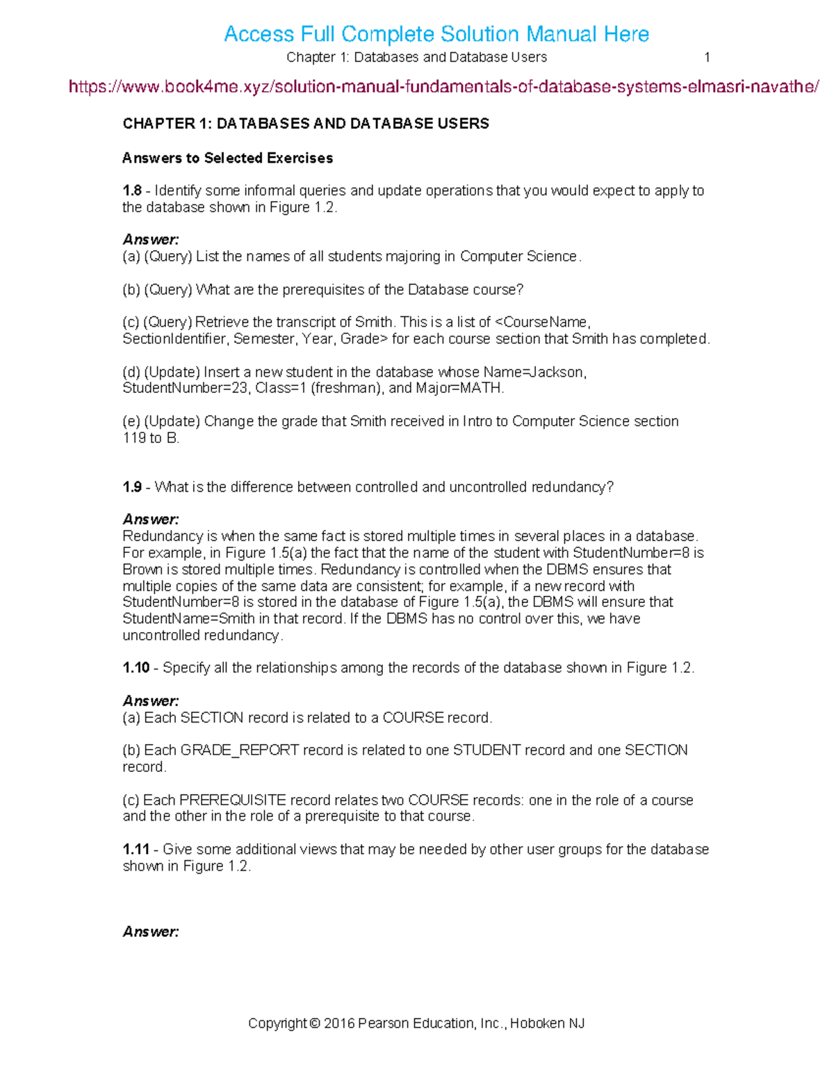 Solution Manual Fundamentals of Database - Chapter 1: Databases and Database Users 1 CHAPTER 1 ...