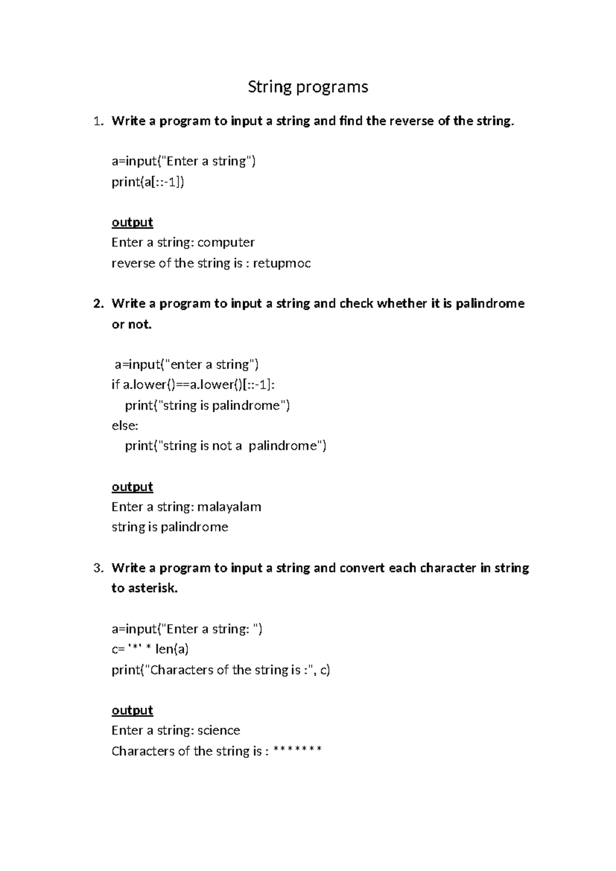String Programs - CS101: Reversing, Palindrome & Asterisk Conversion ...