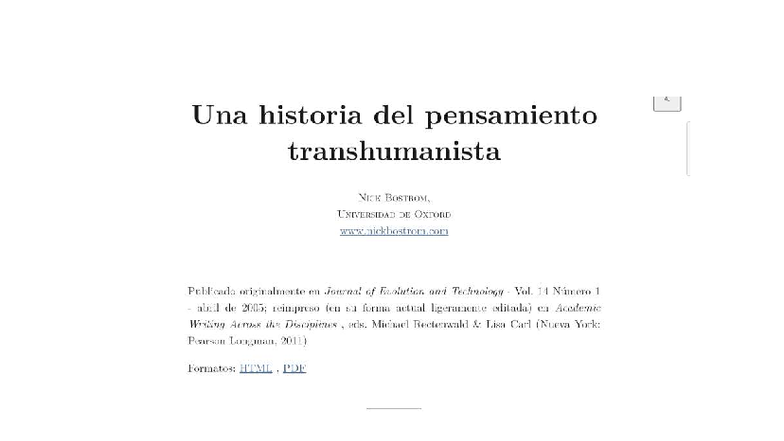 Transhumanismo: Una Historia del Pensamiento de Nick Bostrom - Studocu