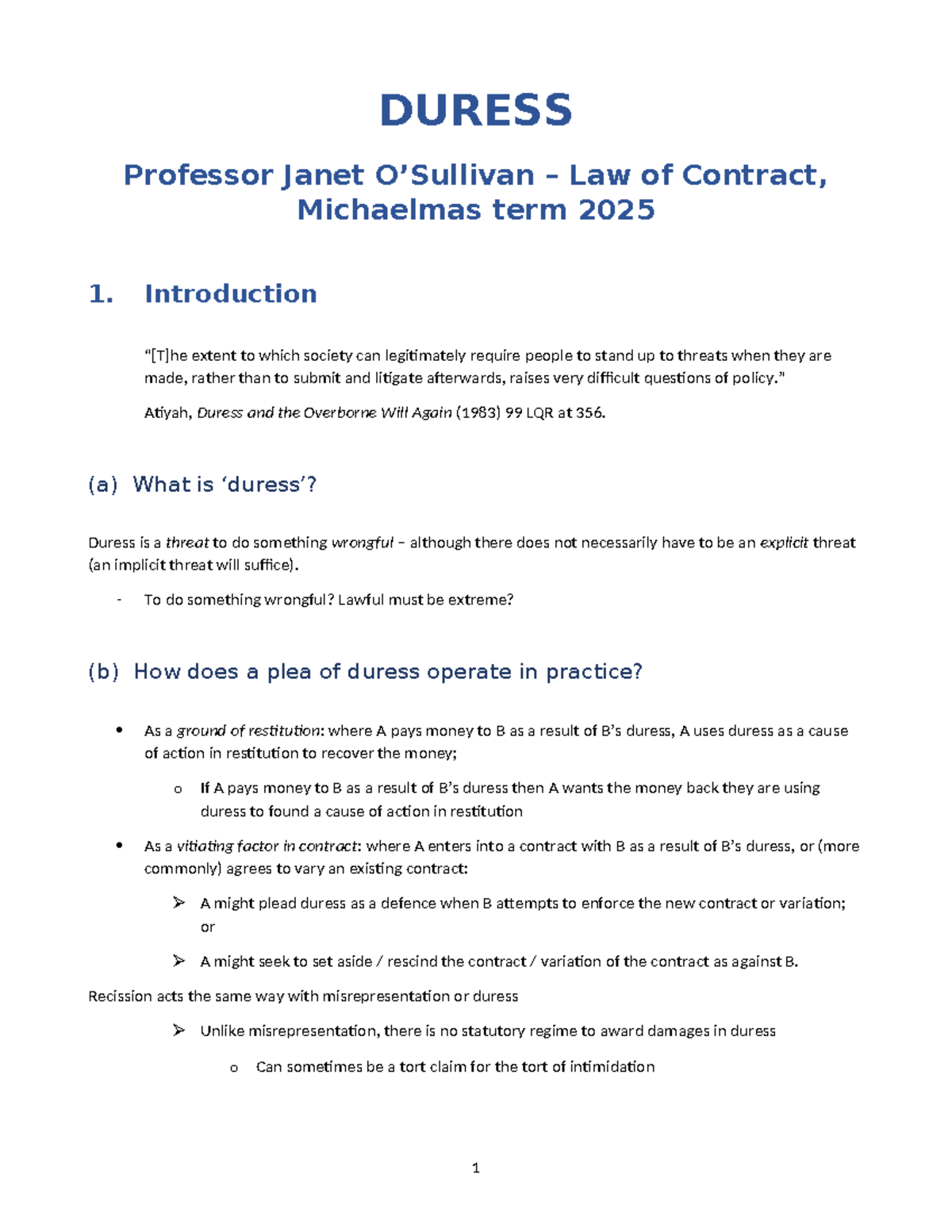 Contract Handout: Duress in Law (2025) - Professor Janet Law - Studocu