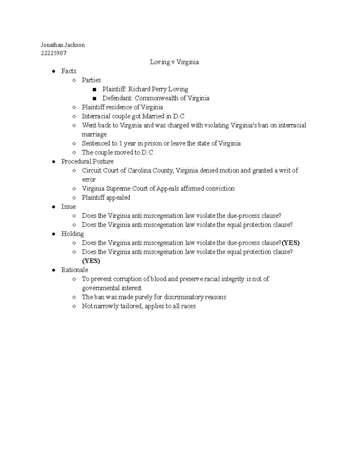Loving v. Virginia - Case Brief Analysis and Key Findings - Studocu