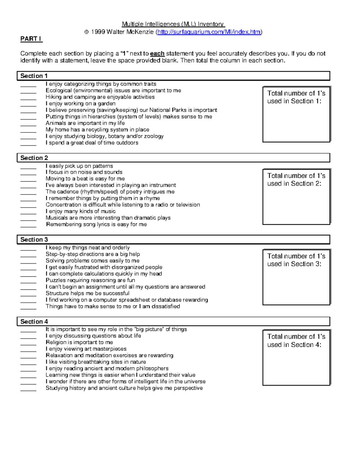 Multiple Intelligences Inventory for Self-Assessment and Reflection ...