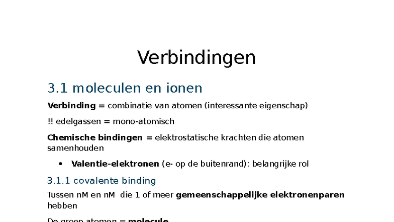 Samenvatting Verbindingen 3.1: Moleculen en Ionen - Studocu
