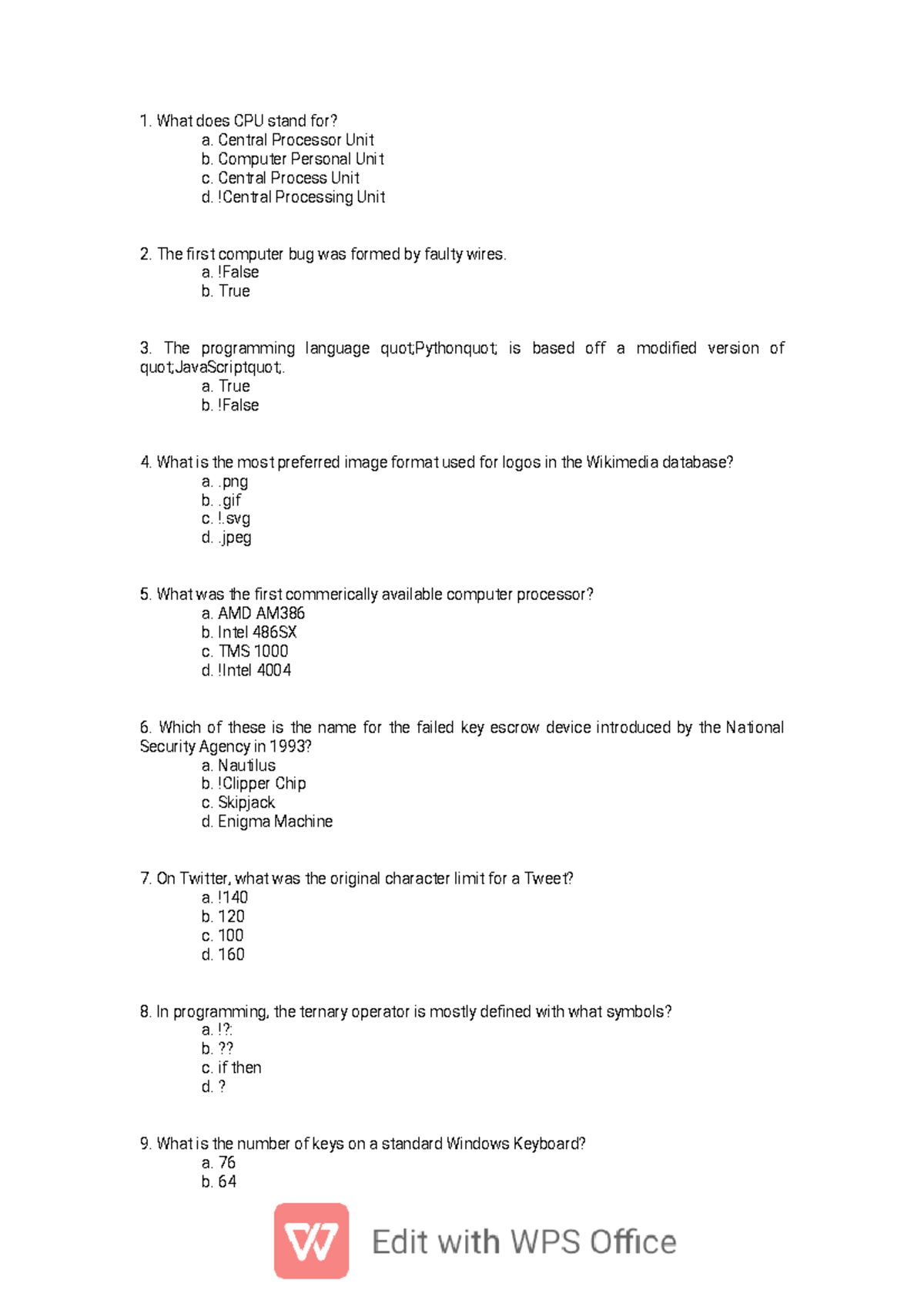 ACC193 Response Winter 2019 1 - What does CPU stand for? a. Central ...