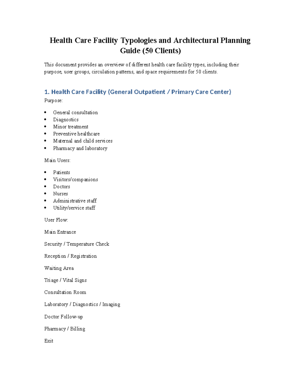Health Care Facility Typologies & Planning Guide for 50 Clients - Studocu