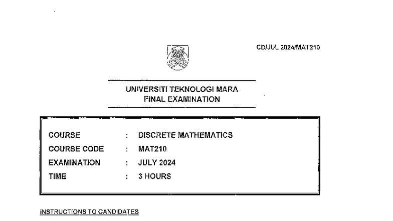 MAT210 Discrete Mathematics Final Exam - July 2024 - Studocu