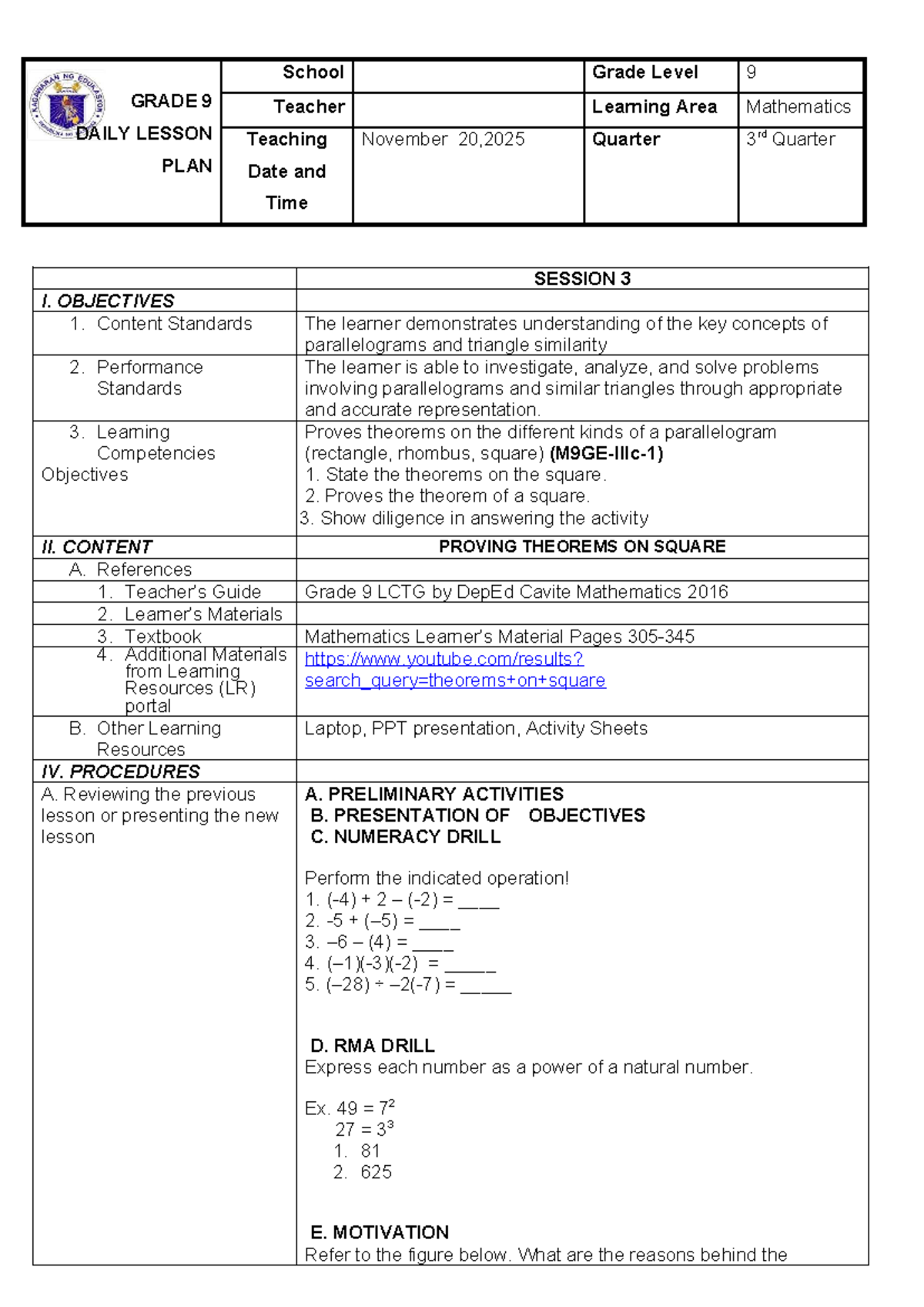 W3-Session 3: Grade 9 Math Lesson Plan on Parallelograms & Squares ...