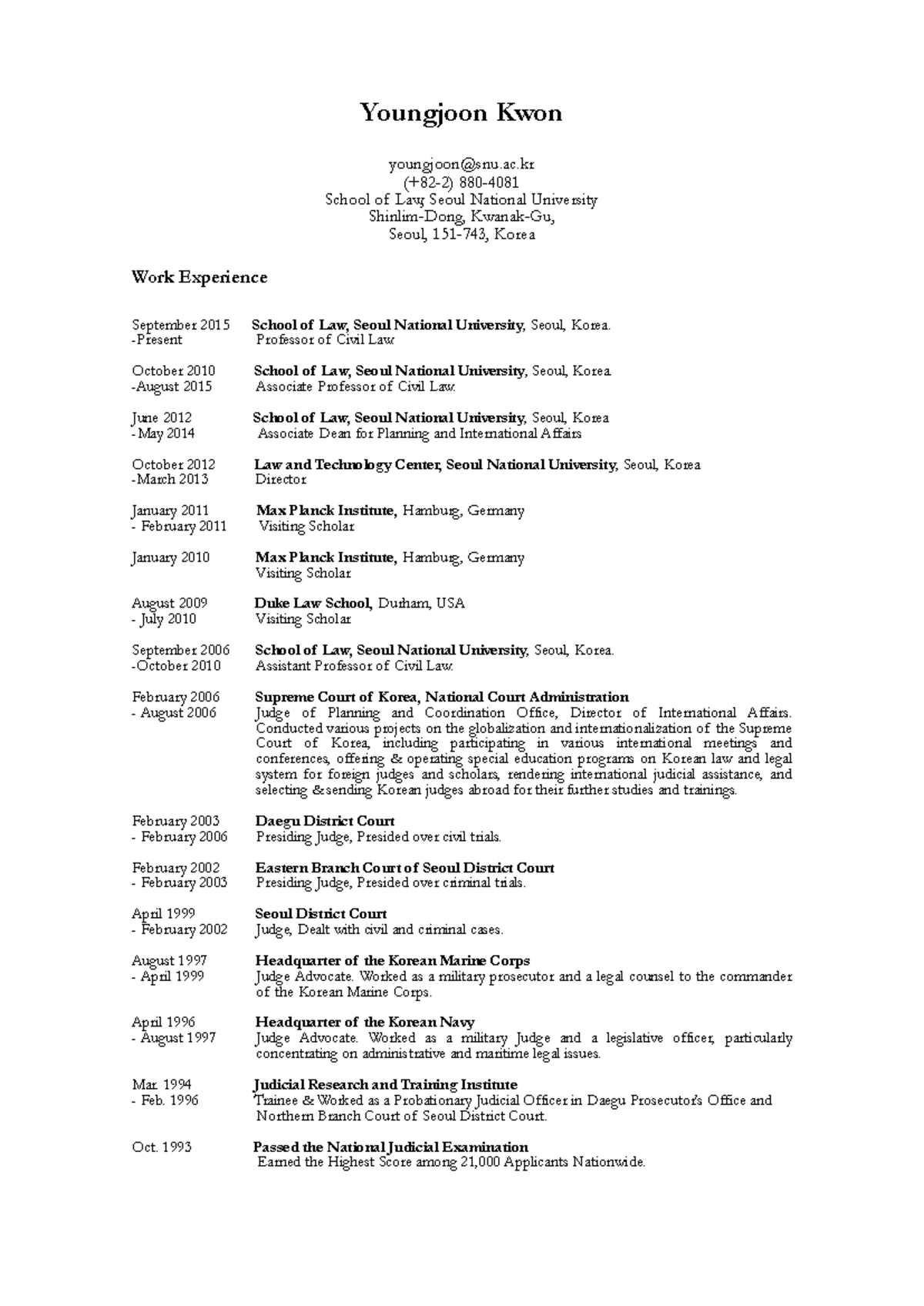 Kwon CV - Lecture Notes on Legal Experience and Education - Studocu
