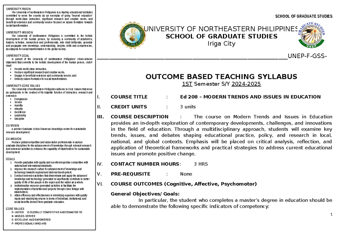 Ed 208 Syllabus: Modern Trends and Issues in Education S/Y 2024-20 ...