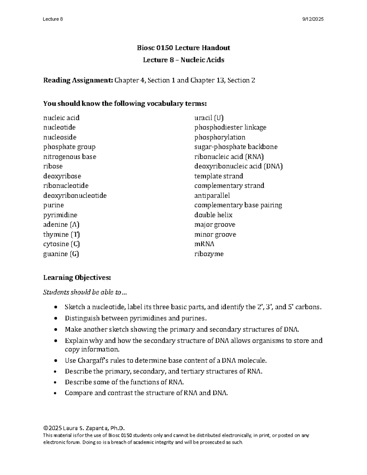Biosc 0150 Lecture 8 Handout: Overview of Nucleic Acids and Structures ...