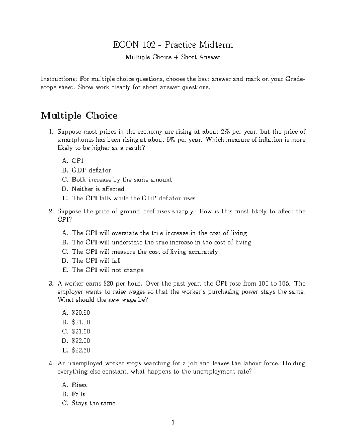 ECON 102 Practice Midterm: Multiple Choice & Short Answer Guide - Studocu