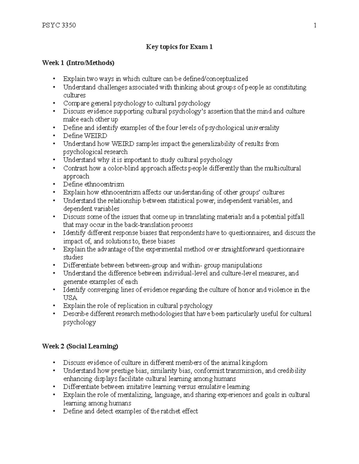Key topics for Exam 1 - key points - PSYC 3350 1 Key topics for Exam 1 ...