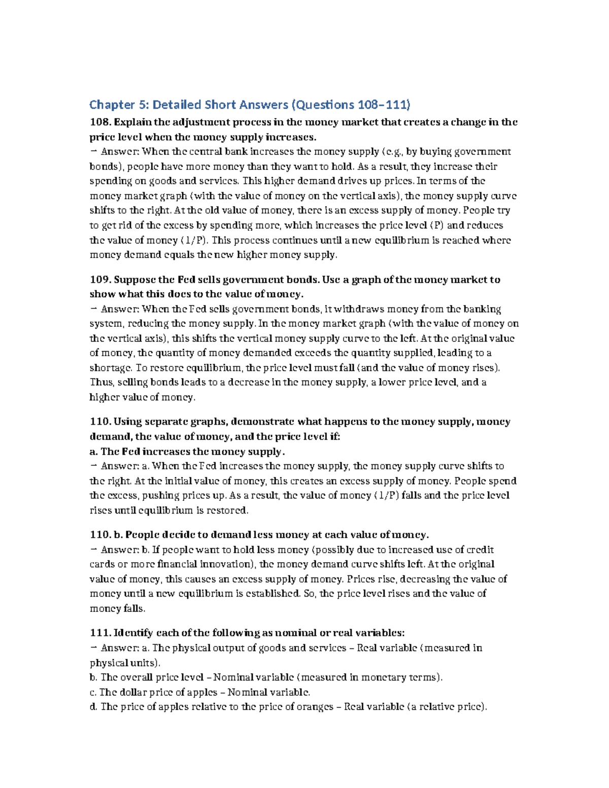 Chapter 5: Short Answers 108-111 on Money Market Adjustments - Studocu