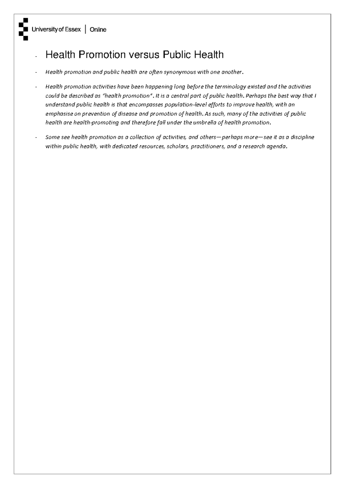 HPR 101 Lecture Notes: Health Promotion vs. Public Health Insights ...