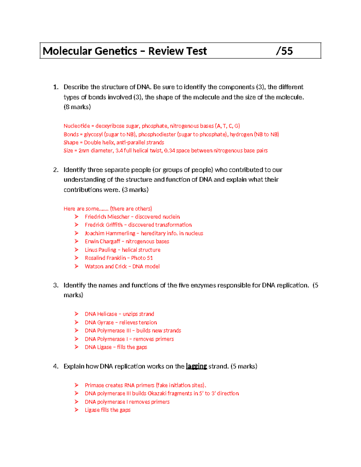 Molecular Genetics Review Test 1: Key Concepts and Answers - Studocu