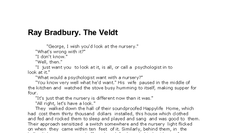 The Veldt (ENG 101) - Analysis and Key Themes Overview - Studocu