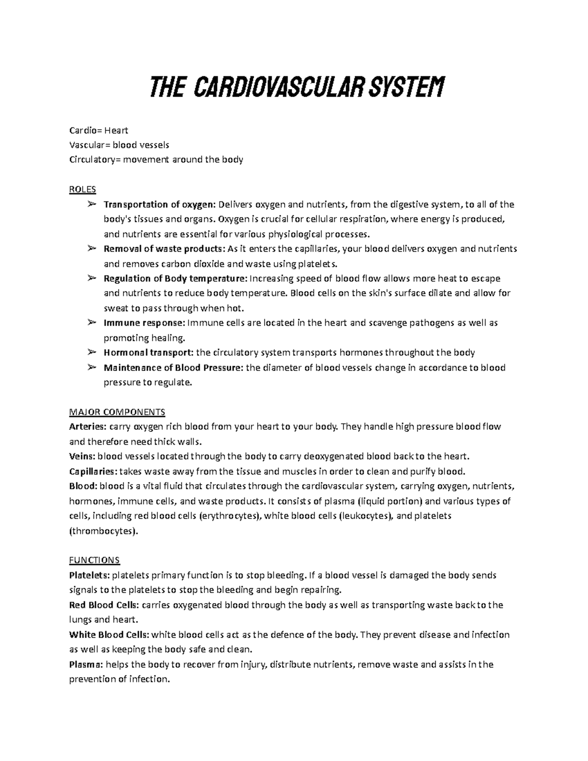Cardiovascular System Overview: Functions & Components - Studocu