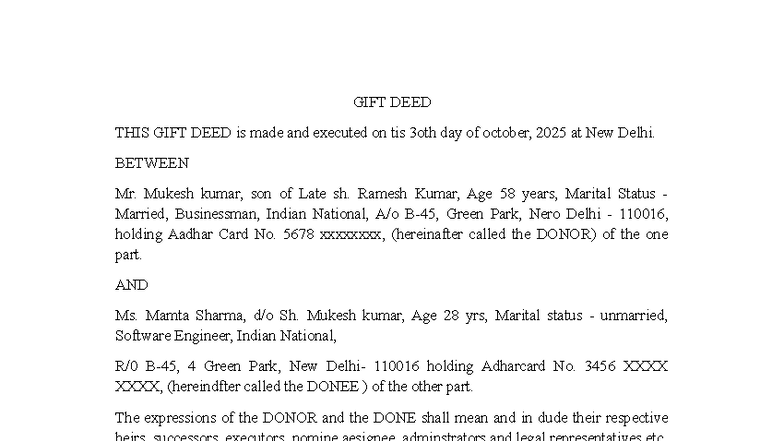 GIFT DEED - Draft for Property Transfer between Donor and Donee - Studocu