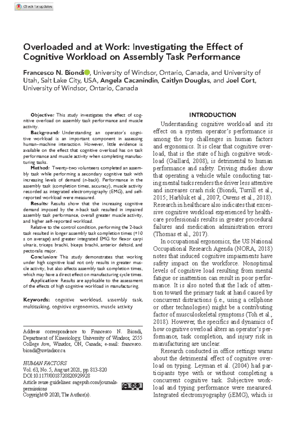 Cognitive Workload Effects on Assembly Task Performance (KINE 301) - Studocu