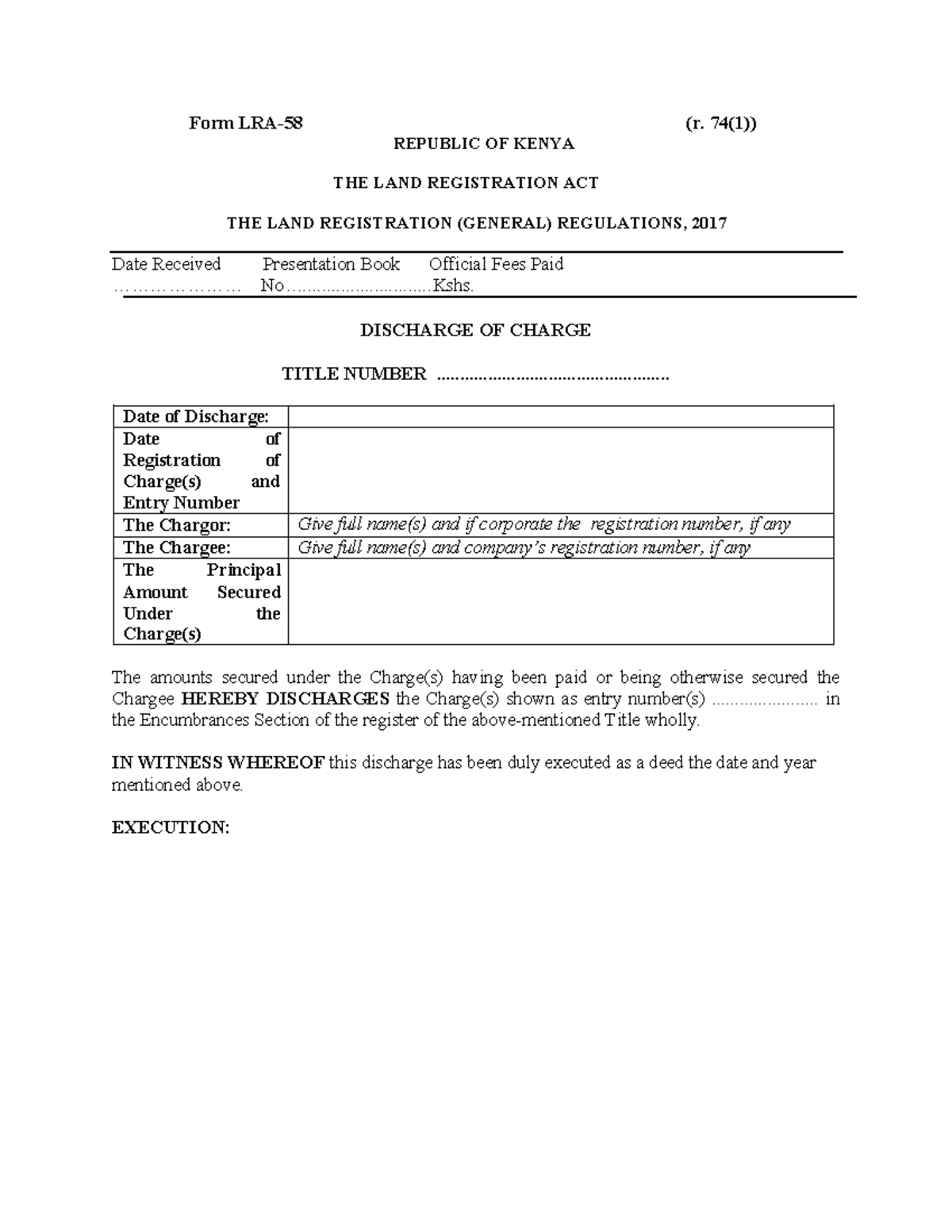 Discharge of Charge Form LRA-58 under Land Registration Act - Studocu