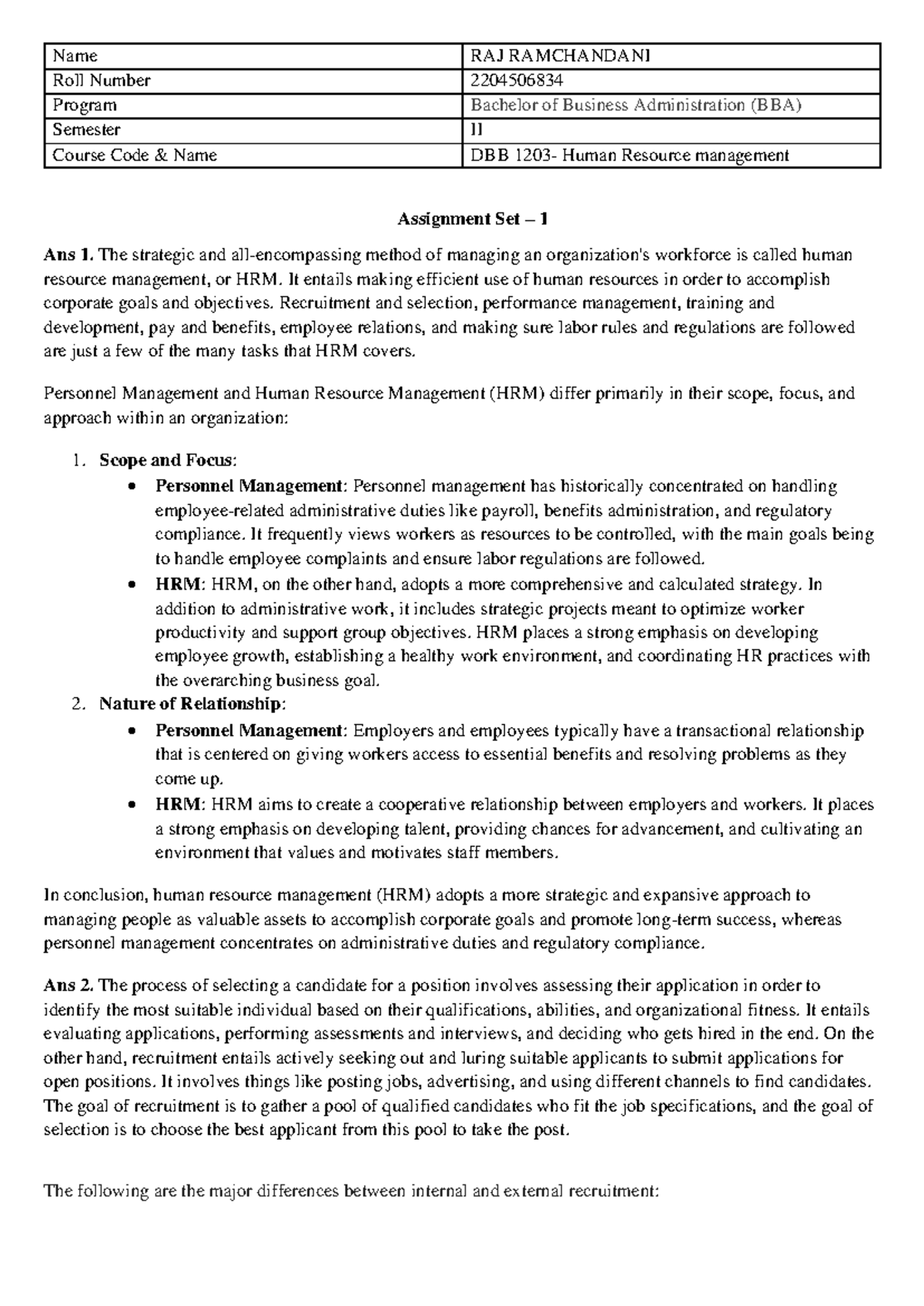 BBA DBB1203 Assignment on Human Resource Management Insights - Studocu