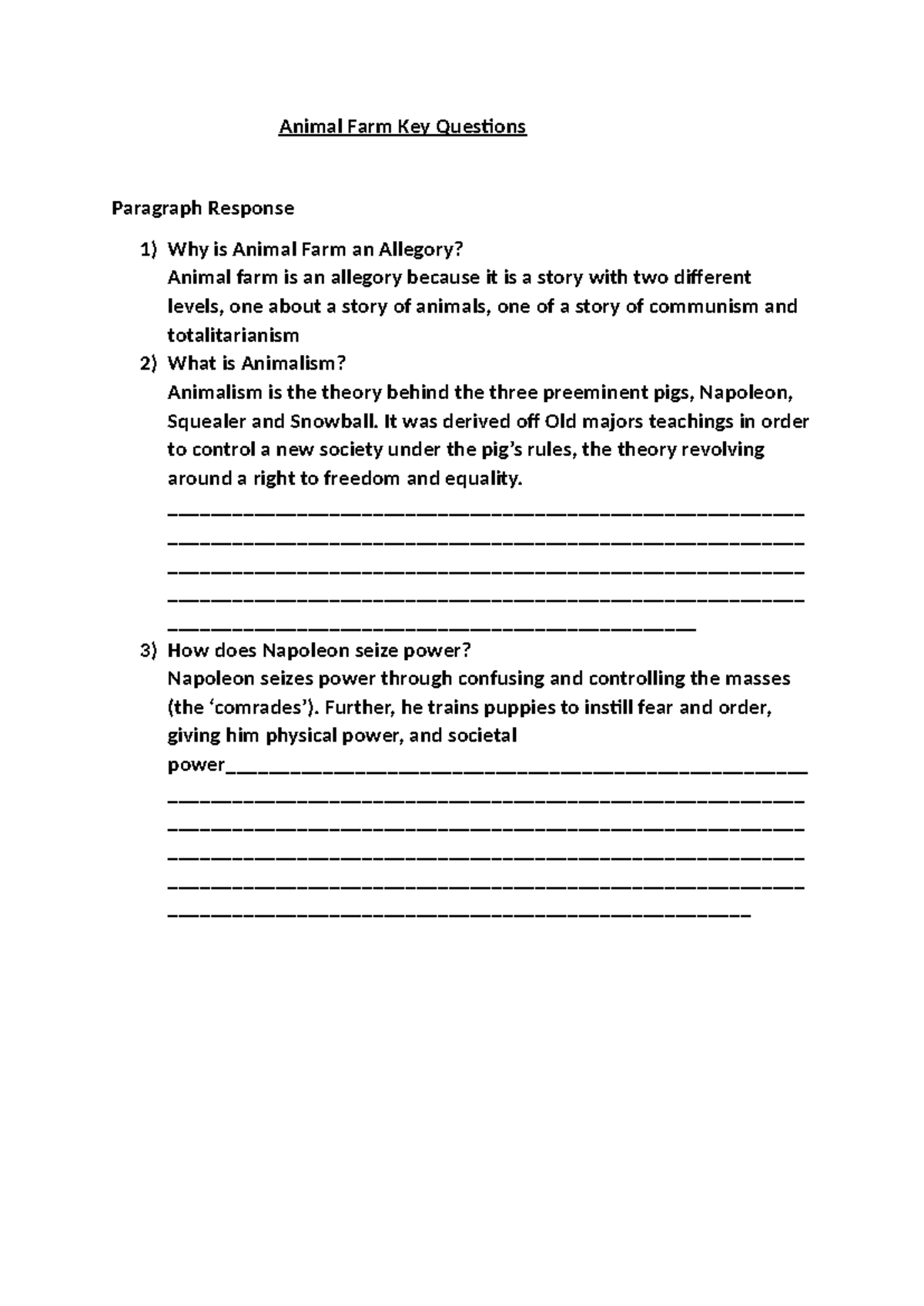 ENGL 101: Animal Farm Key Questions & Analysis Insights - Studocu