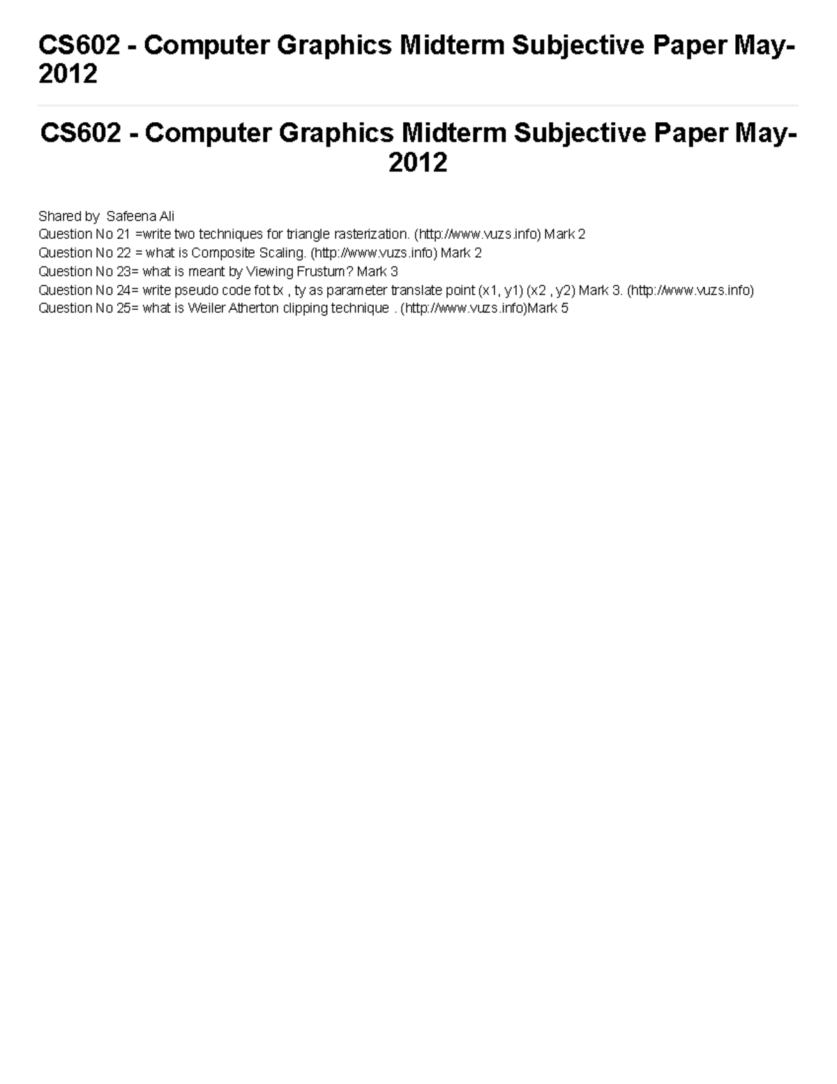 CS602 - Computer Graphics Midterm Subjective Paper May-2012 - (vuzs ...