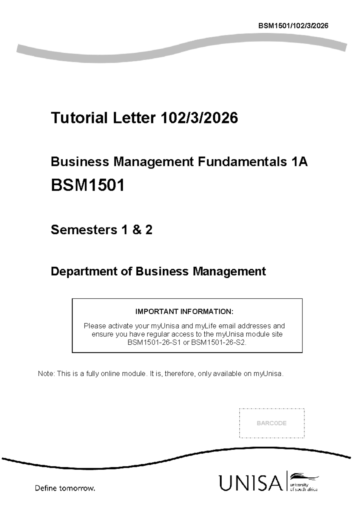 BSM1501 Tutorial Letter: Business Management Fundamentals 1A Overview ...