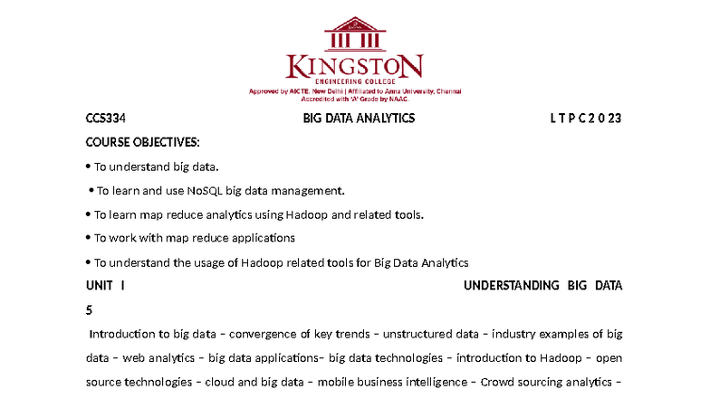 AD3251 BIG DATA ANALYTICS - SYLLABUS & COURSE NOTES - Studocu