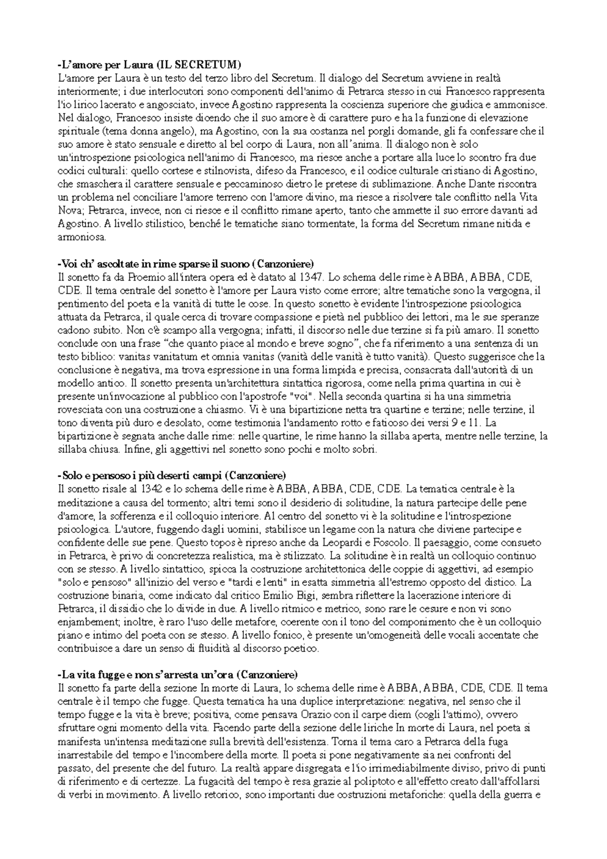 Analisi del Secretum e dei Sonetti di Petrarca (IT-101) - Studocu