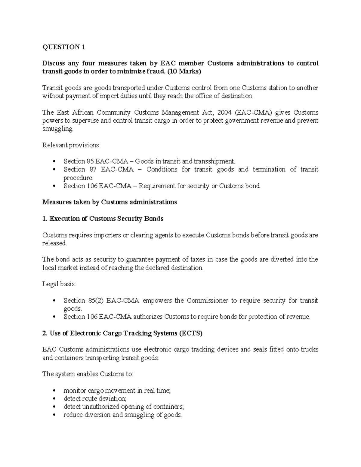 EAC Customs Measures to Control Transit Goods and Minimize Fraud - Studocu