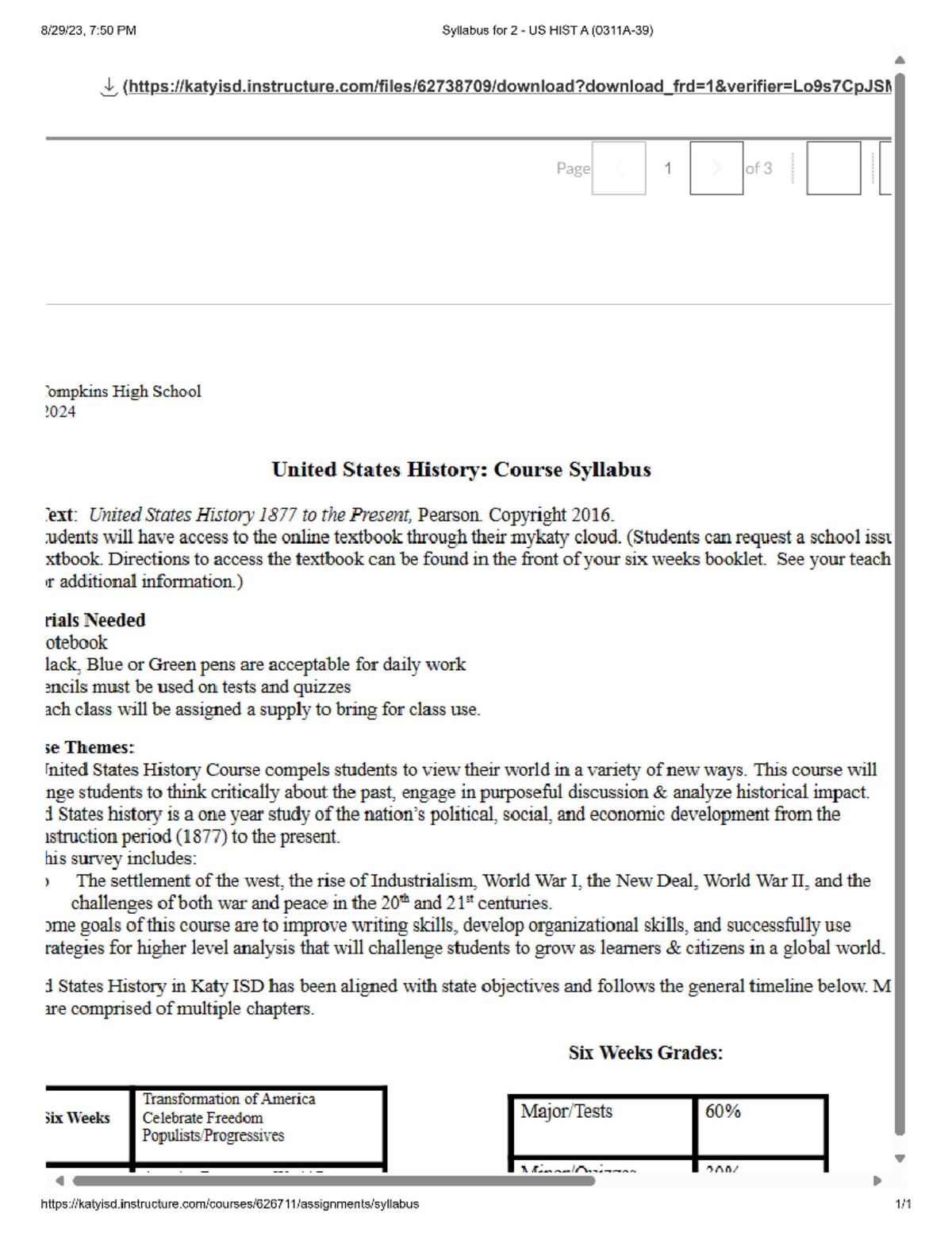 US HIST A 2024 Course Syllabus: US History Since 1877 - Studocu