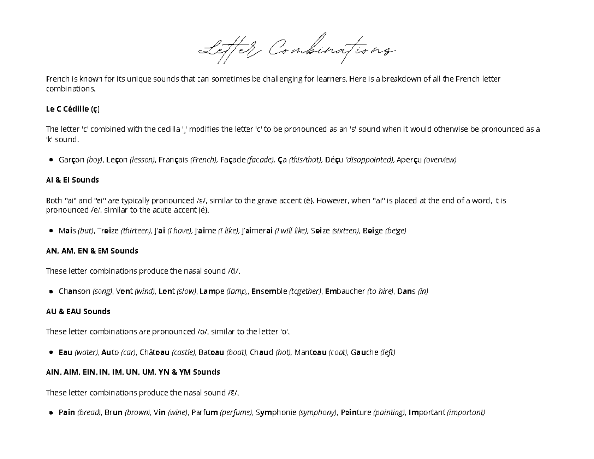 French Letter Combinations & Pronunciation Guide - Studocu